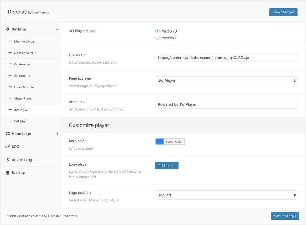Theme Options JW Player Settings - Doothemes